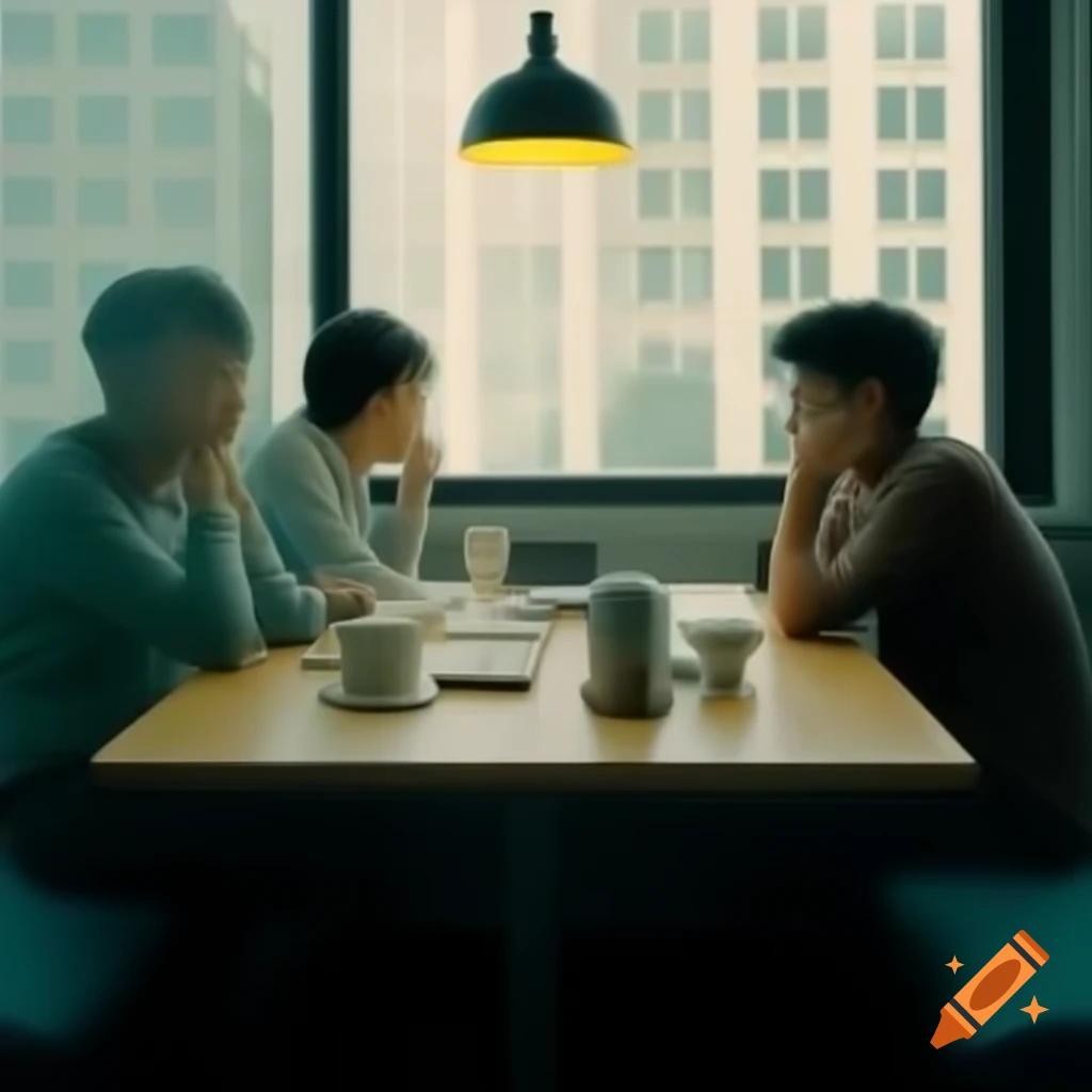 Three friends in corporate breakroom making coffee, showing signs of ...