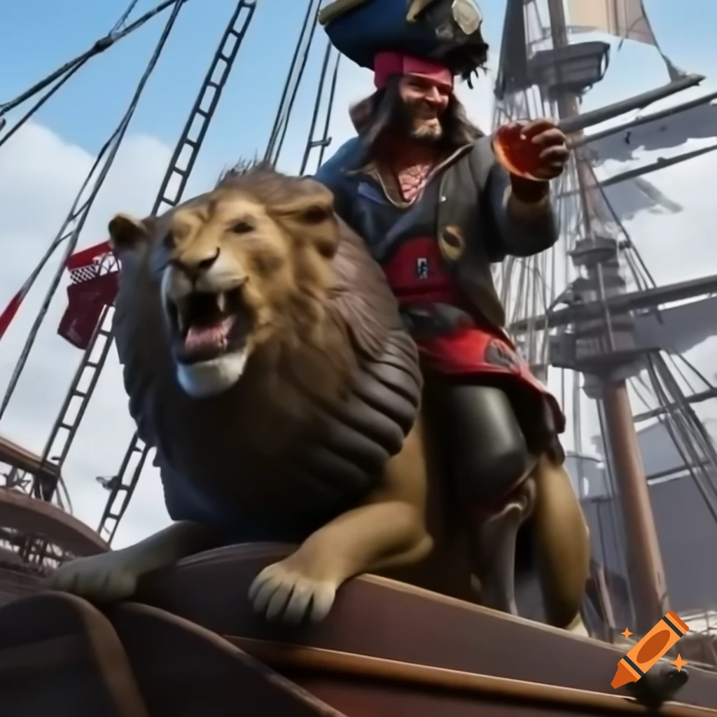 White lion pirate captain on galleon deck surveying kingdom on Craiyon