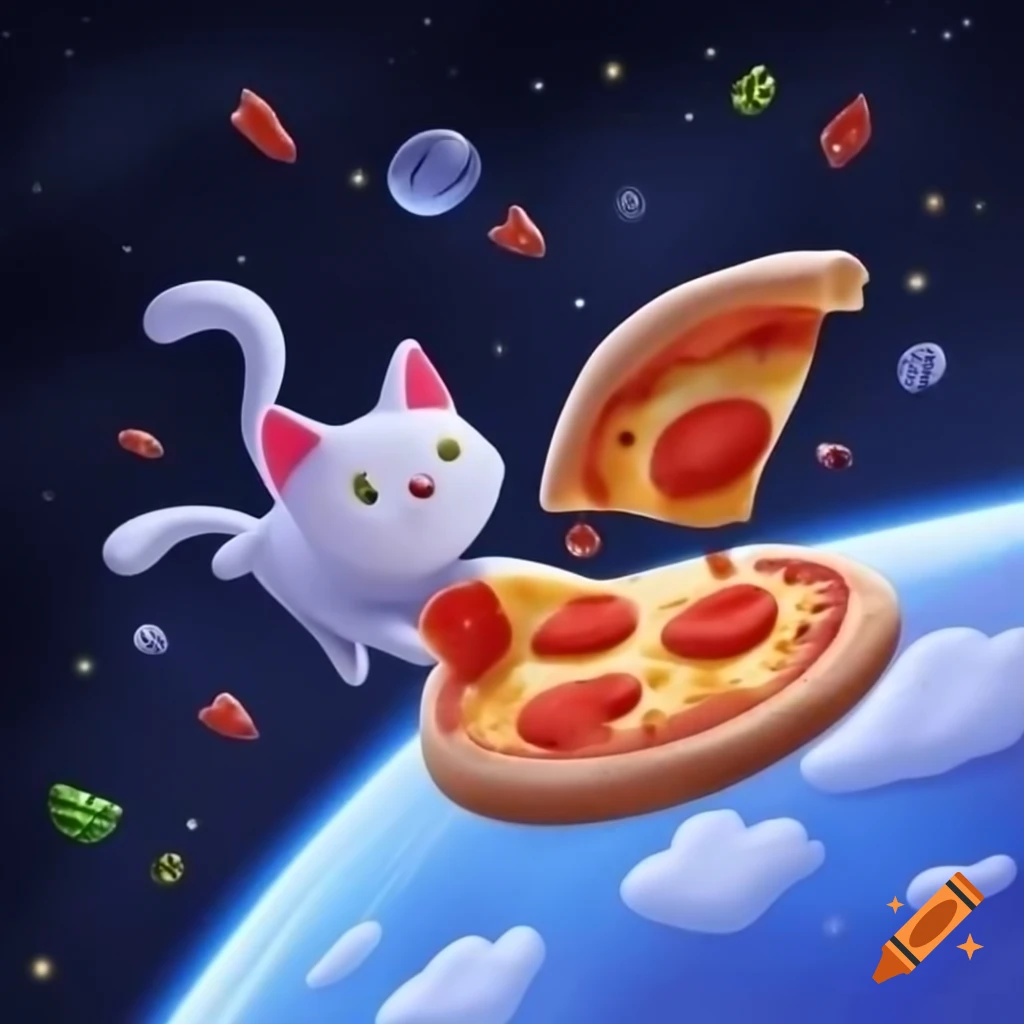 Cat flying into space holding a pizza on Craiyon