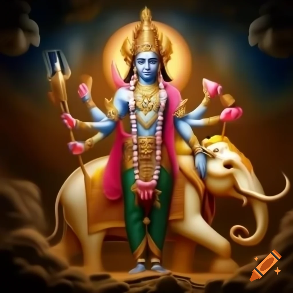 Vibrant artwork of lord indra with airavata against a divine backdrop ...