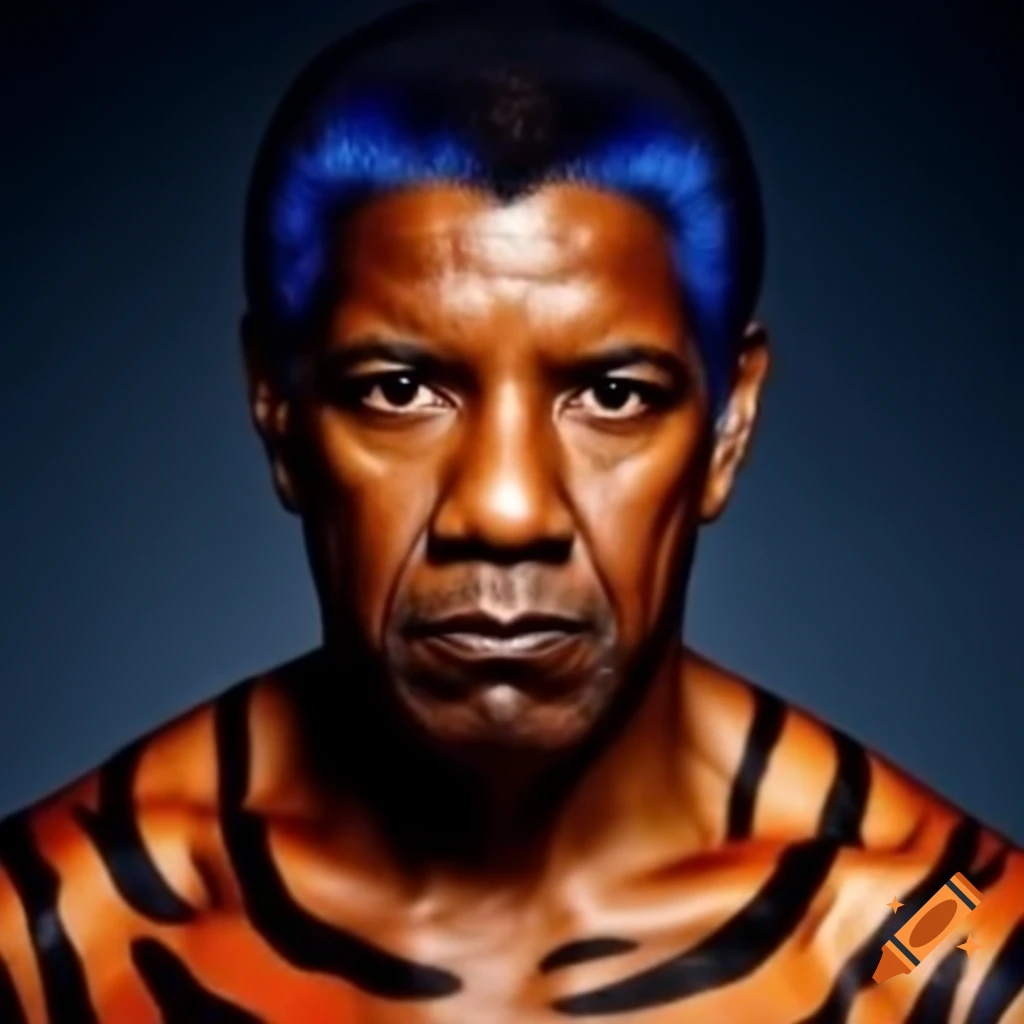 Muscular man with tiger-style makeup, blue hair, and orange skin on Craiyon
