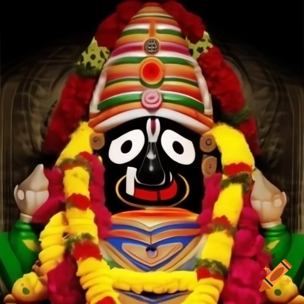 Lord Jagannatha of Puri with round black face and elaborate crown ...
