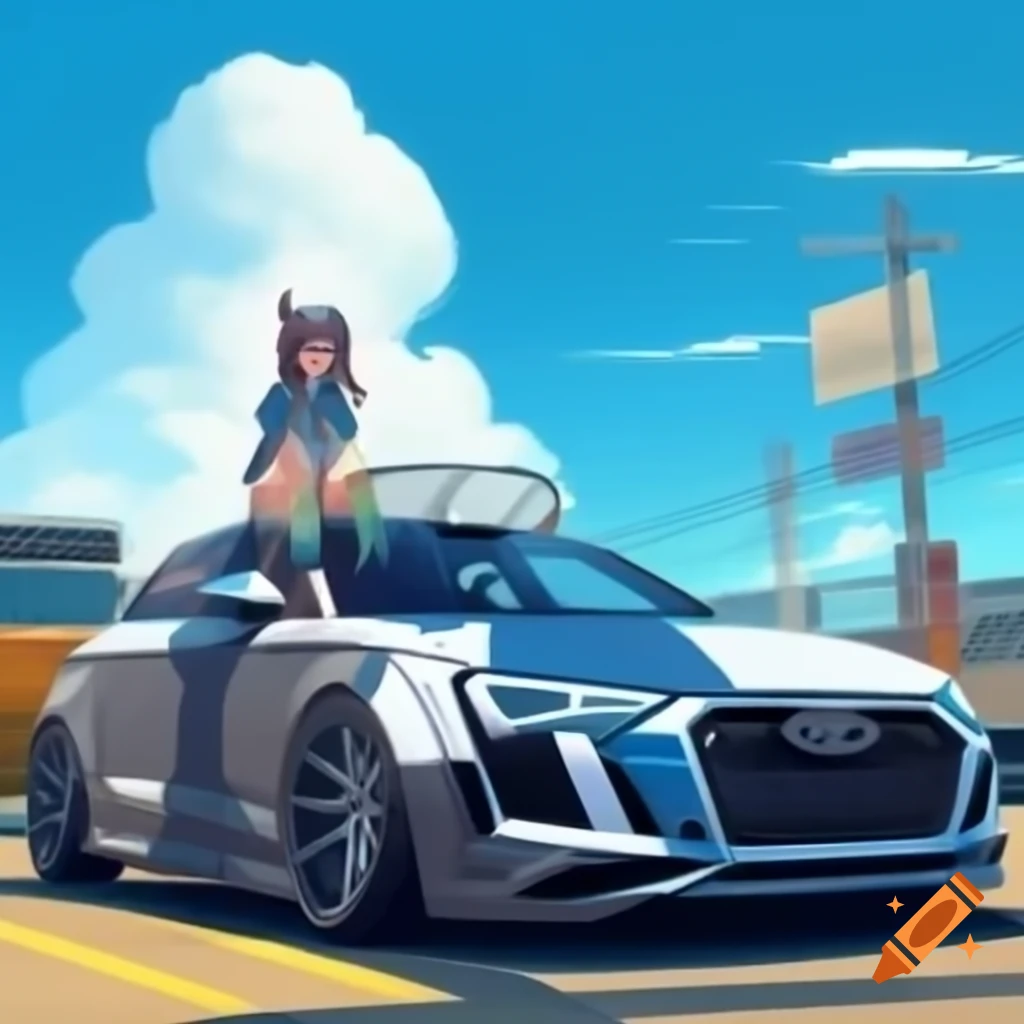 Sporty Audi hatchback parked under bright sky with anime character in ...