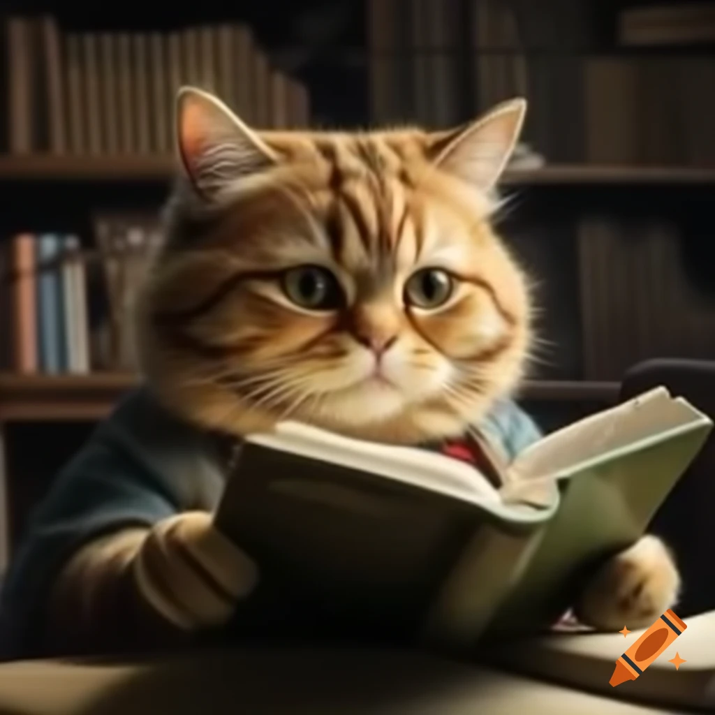 A ginger cat floats while reading an open book, in a painterly style ...