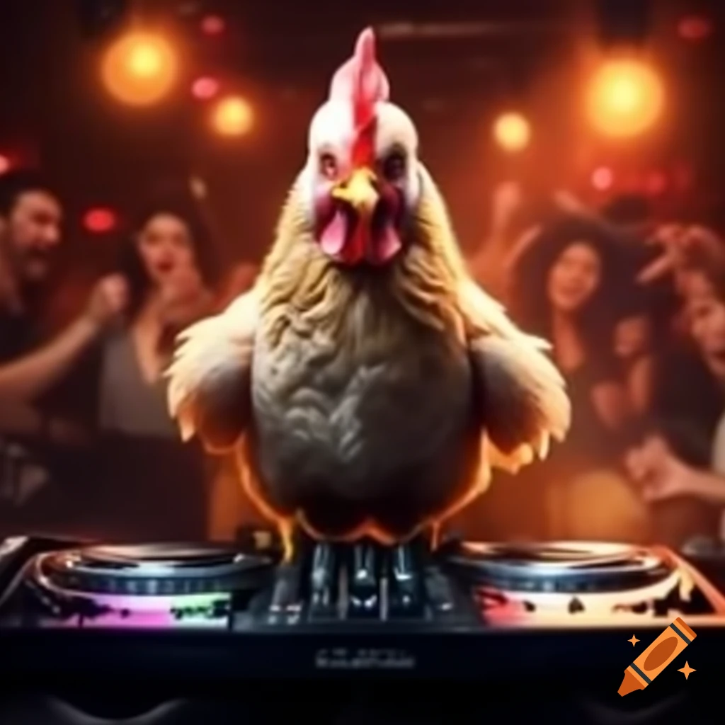 Chicken djing at a lively party on Craiyon