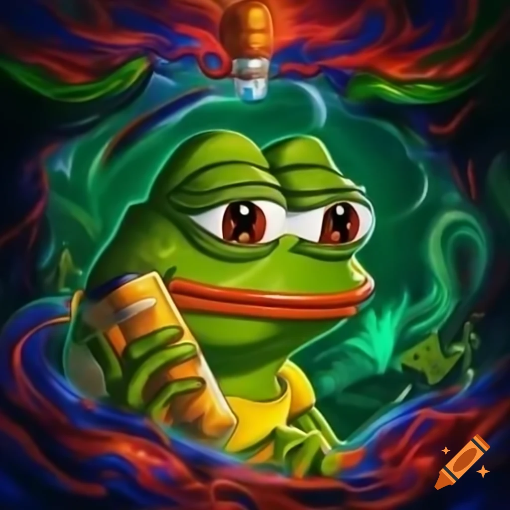 Kaleidoscopic world with pepe the frog amazed by jungle banana ...