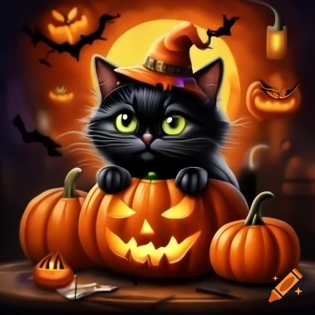 Black cat celebrating halloween with a pumpkin on Craiyon