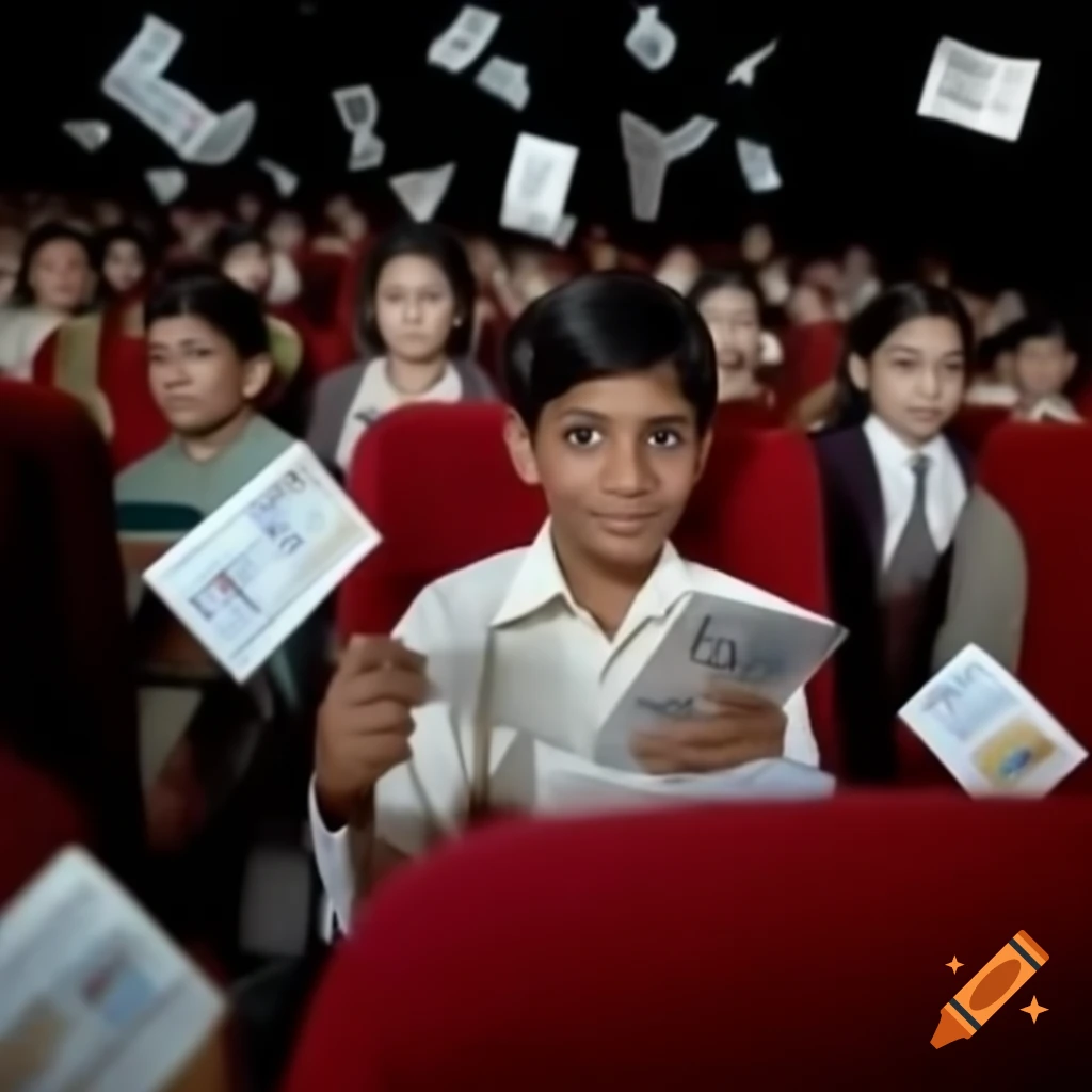 Indian boy rushing to buy a ticket in a busy movie theater on Craiyon