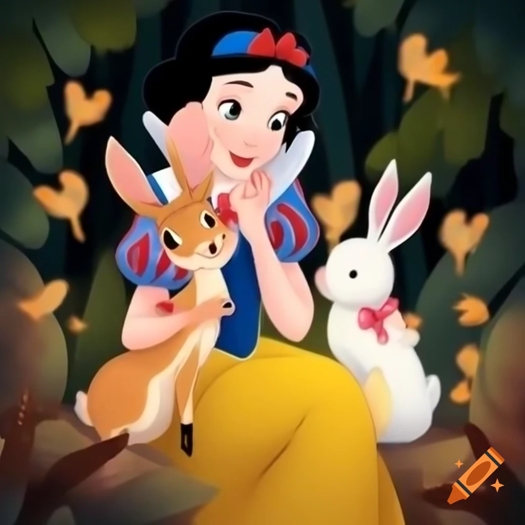 Snow White surrounded by her animal friends in a forest on Craiyon