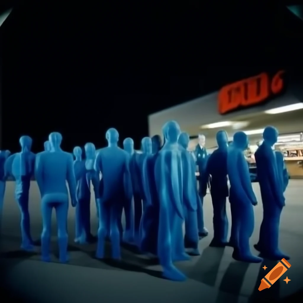Tall blue humanoids gathered at night in a 1980s grocery store in New ...