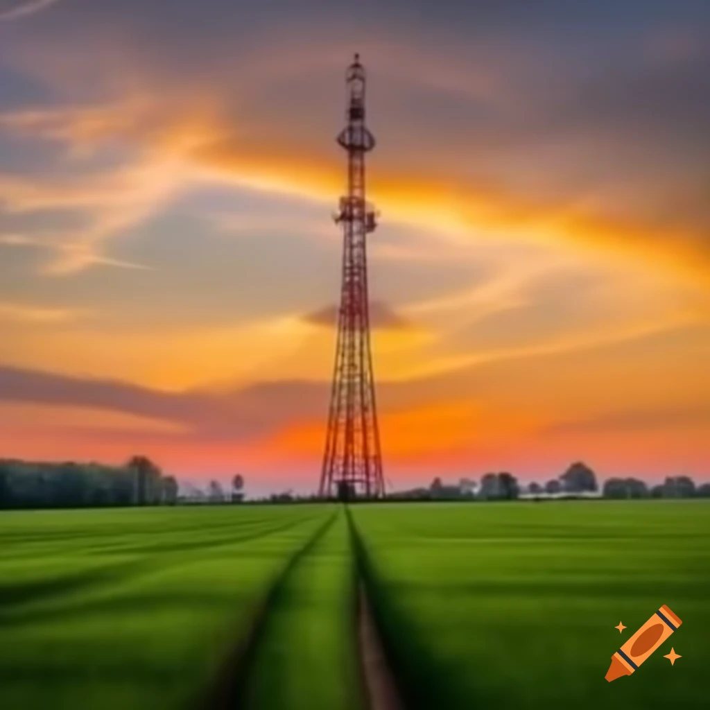 Cell tower against orange sky over green field in the afternoon on Craiyon