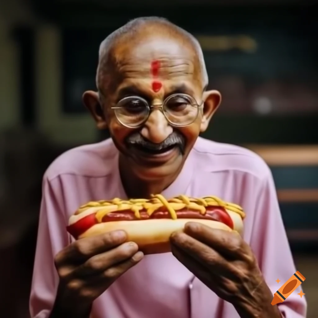 Mahatma gandhi enjoying a hotdog in a light-hearted scene on Craiyon