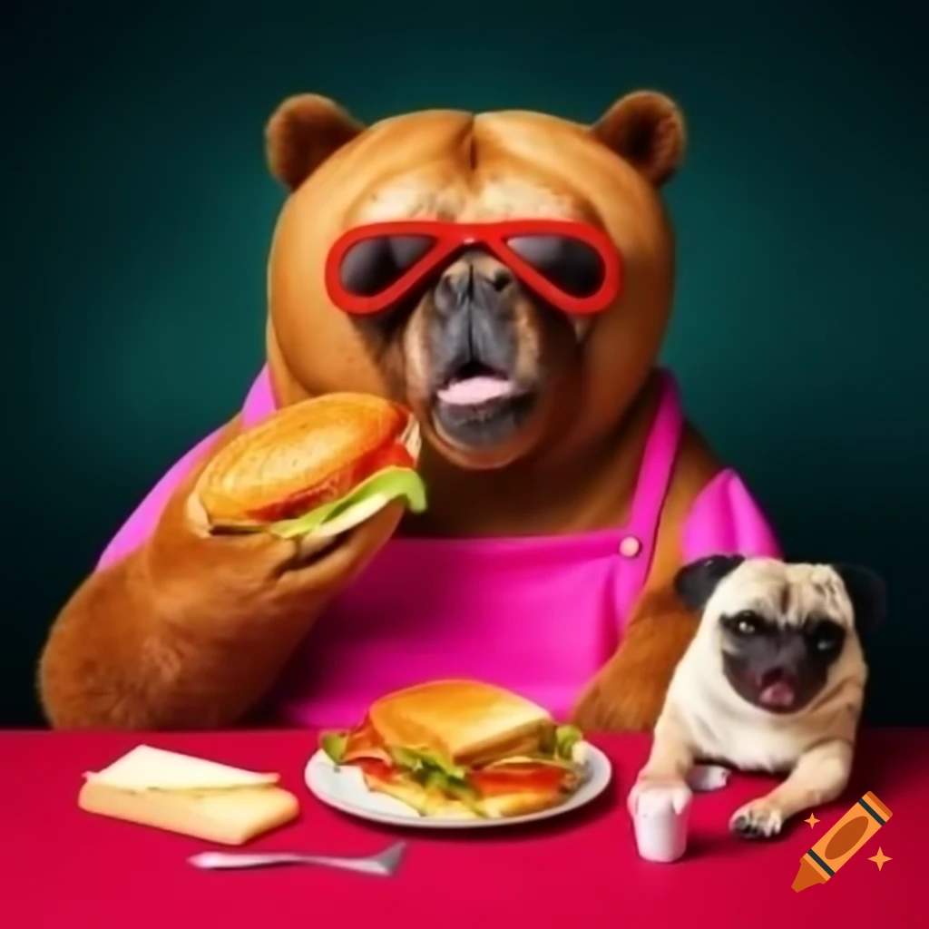 Furry bear named vitalik eating sandwich with pug in pink dress named ...