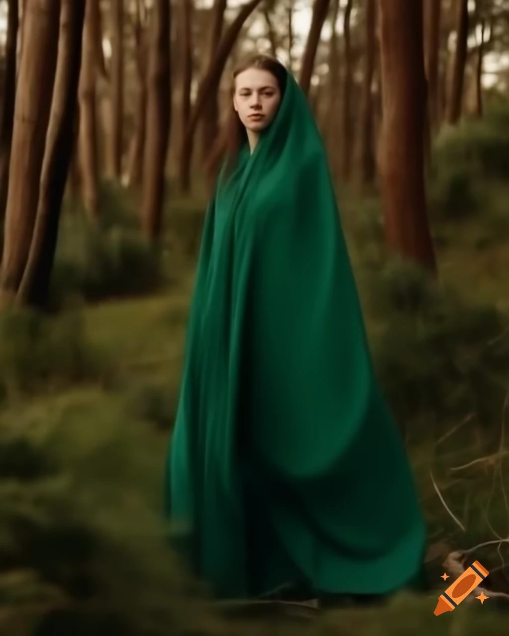 Young woman in emerald green robes in serene forest with swirling skirt ...
