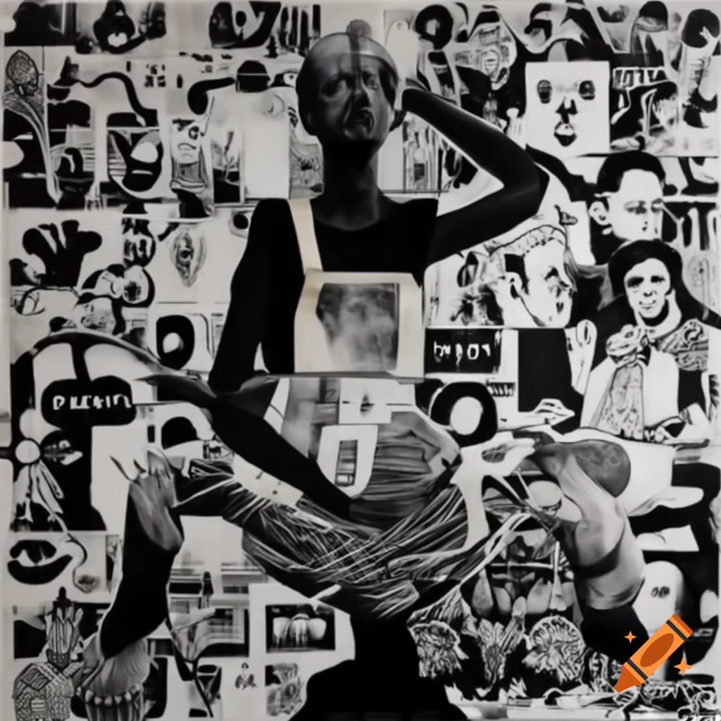 Black and white dadaist collage with surreal human figure and abstract ...