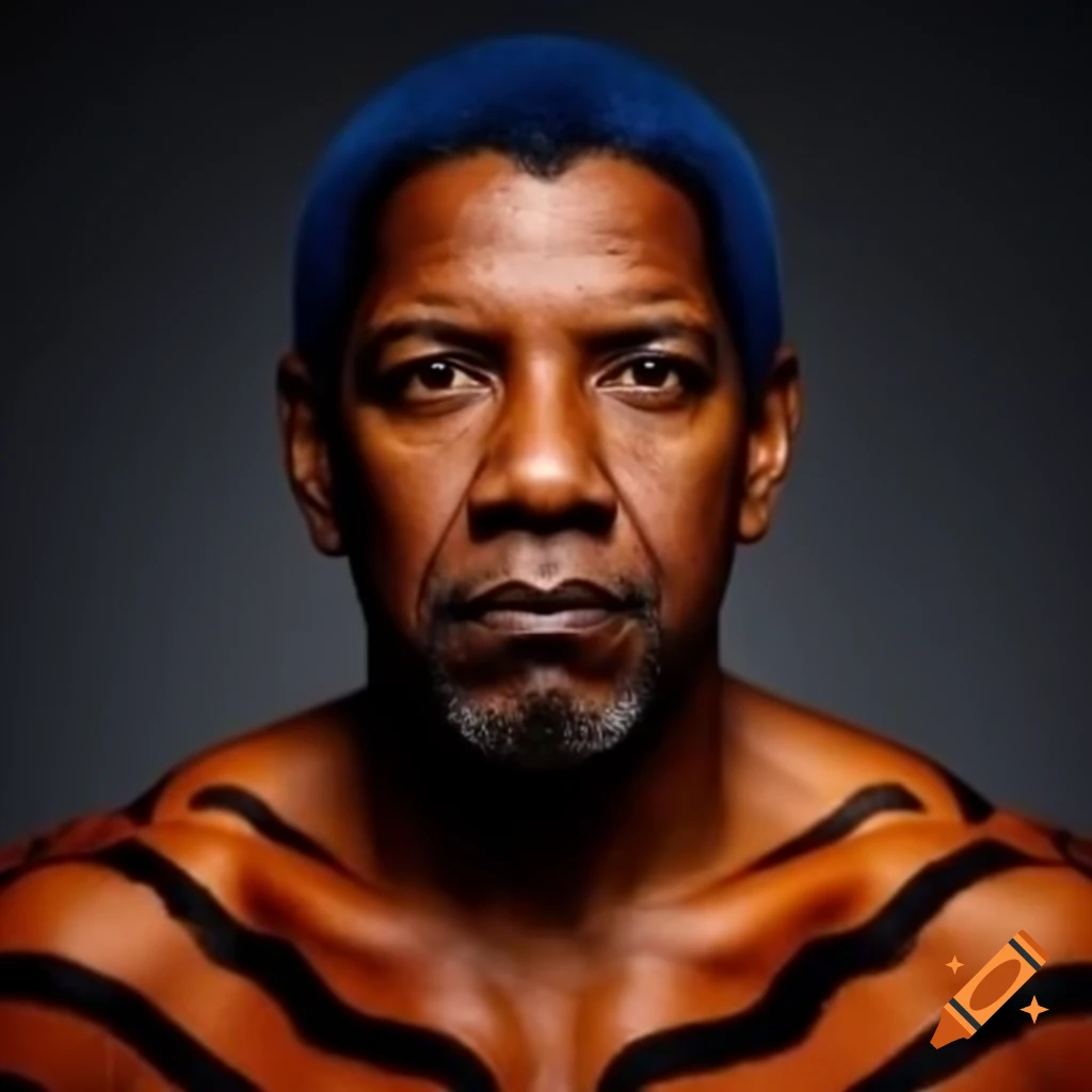 Muscular figure with tiger-style makeup featuring blue hair and orange ...