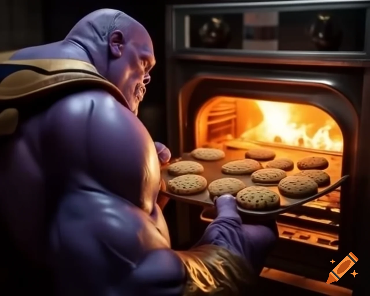 Thanos removing cookies from oven, whimsical scene on Craiyon