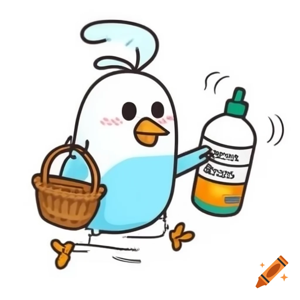 Cartoon bird carrying basket with shampoo bottle on Craiyon