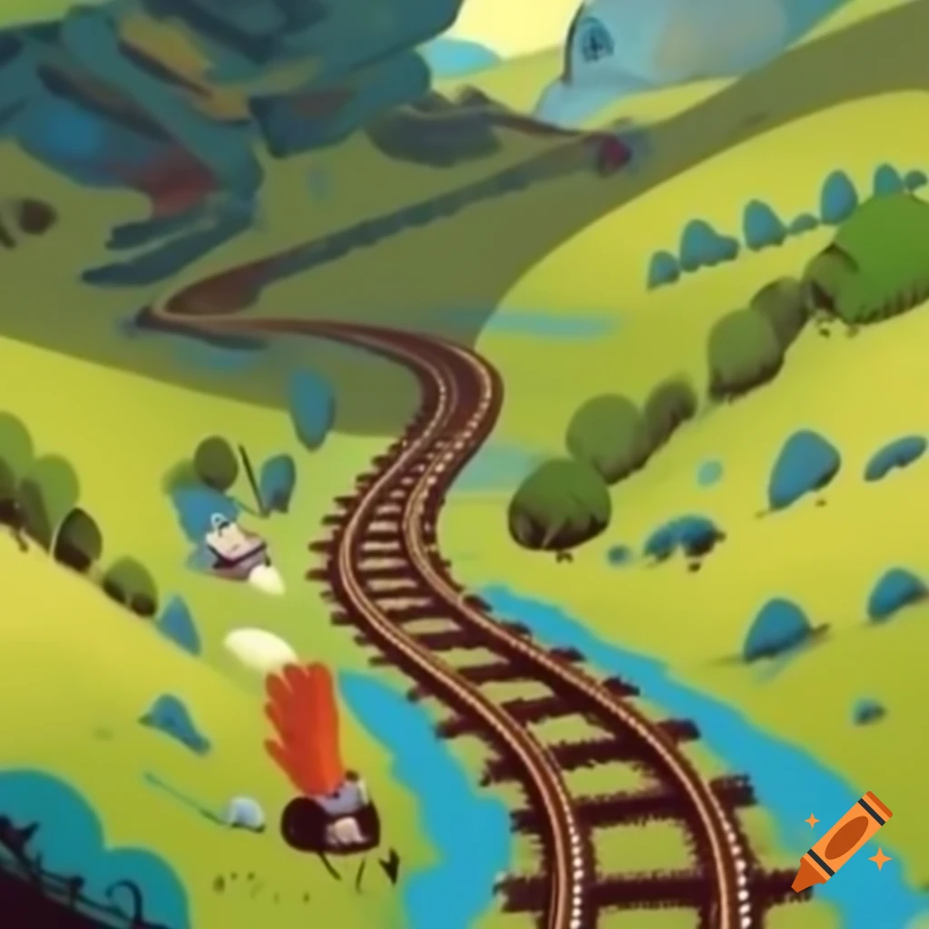 Whimsical birdseye view of vibrant comic book style railway track ...