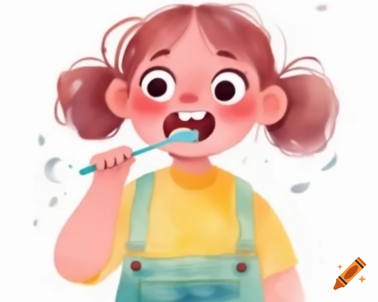 Cartoon girl brushing her teeth on white background, watercolor style ...