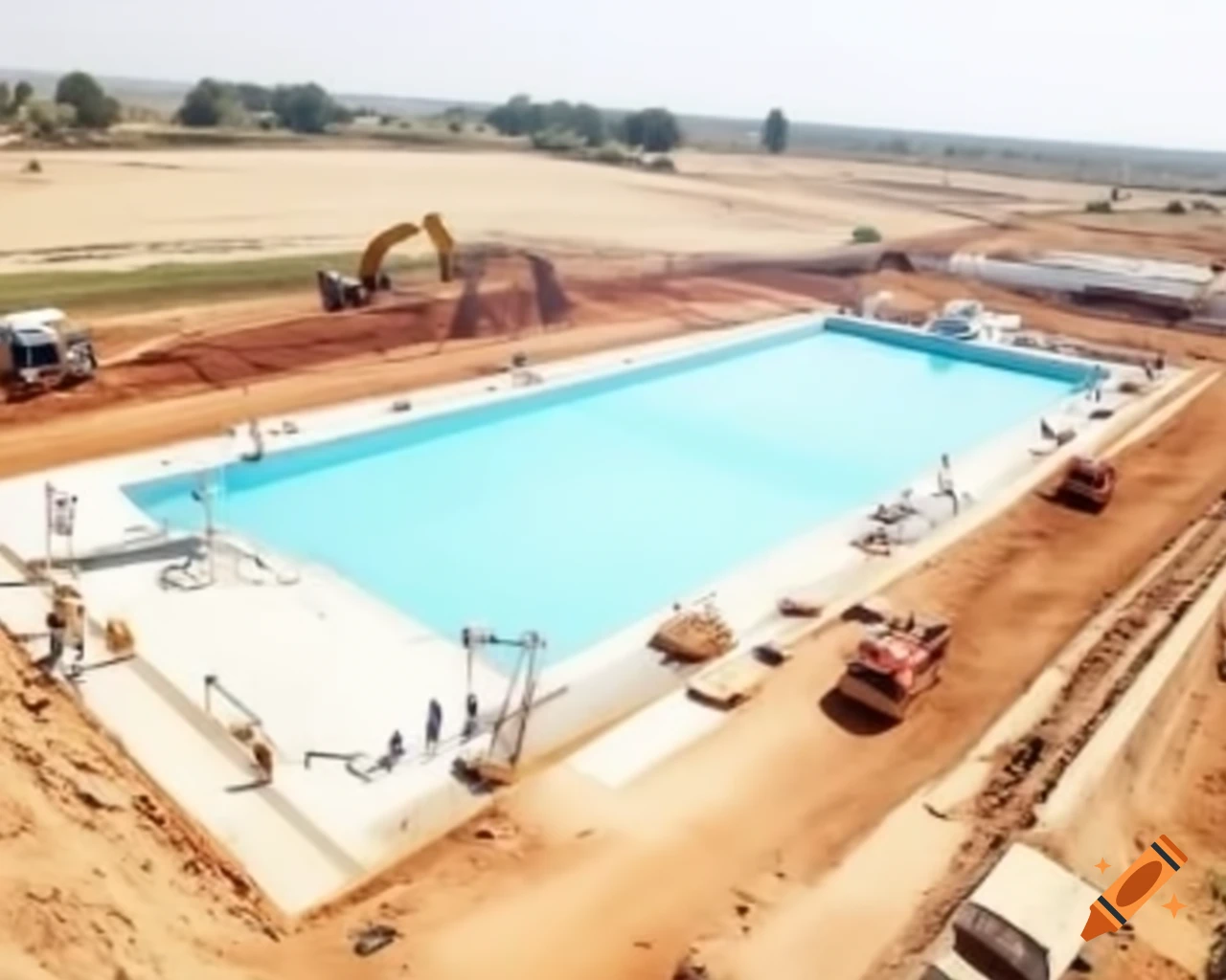 Swimming pool at construction site with people and machinery on Craiyon