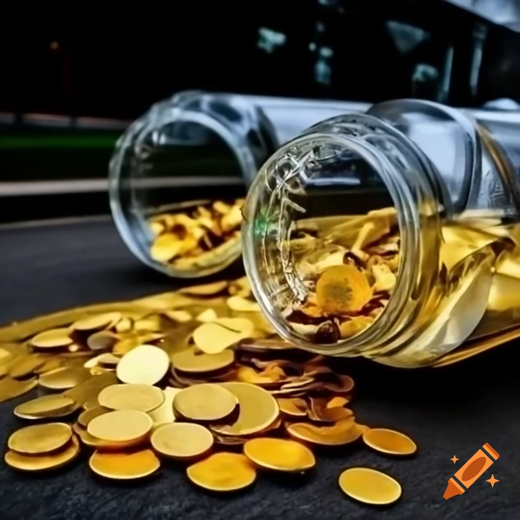 Large water bottles filled with gold coins lying on the street on Craiyon