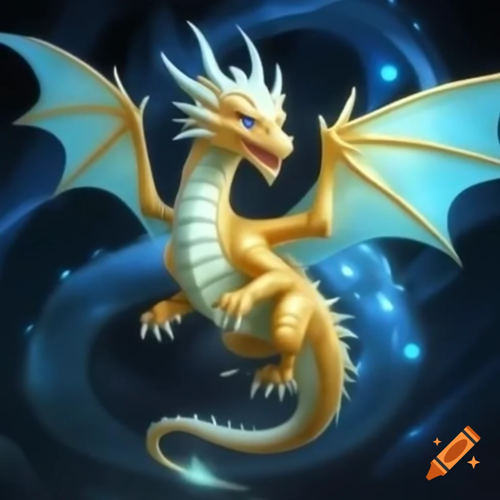 Majestic golden dragon with blue wings soaring through the sky on Craiyon