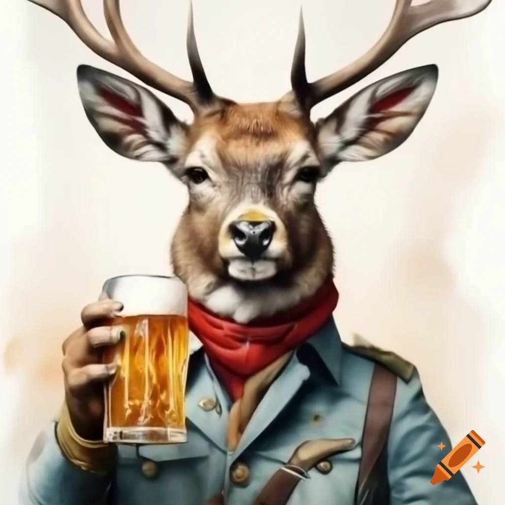Watercolor stag in military attire holding beer on Craiyon