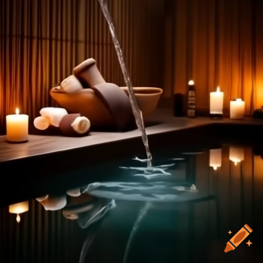 Serene spa scene with bamboo pipe, candles, and essential oils ...