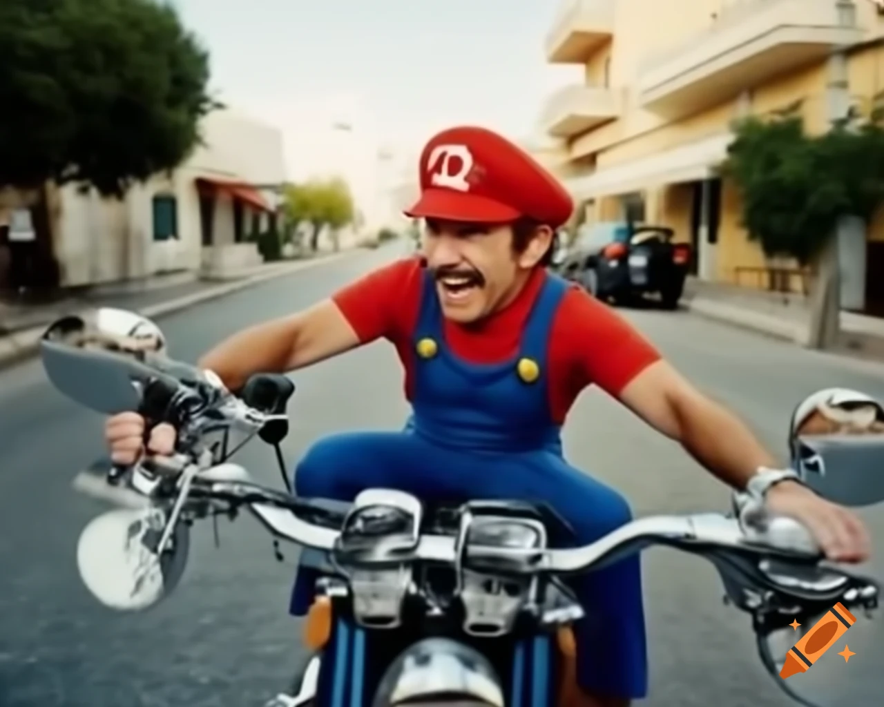 Fat mario bros riding motorcycle on greek streets on Craiyon