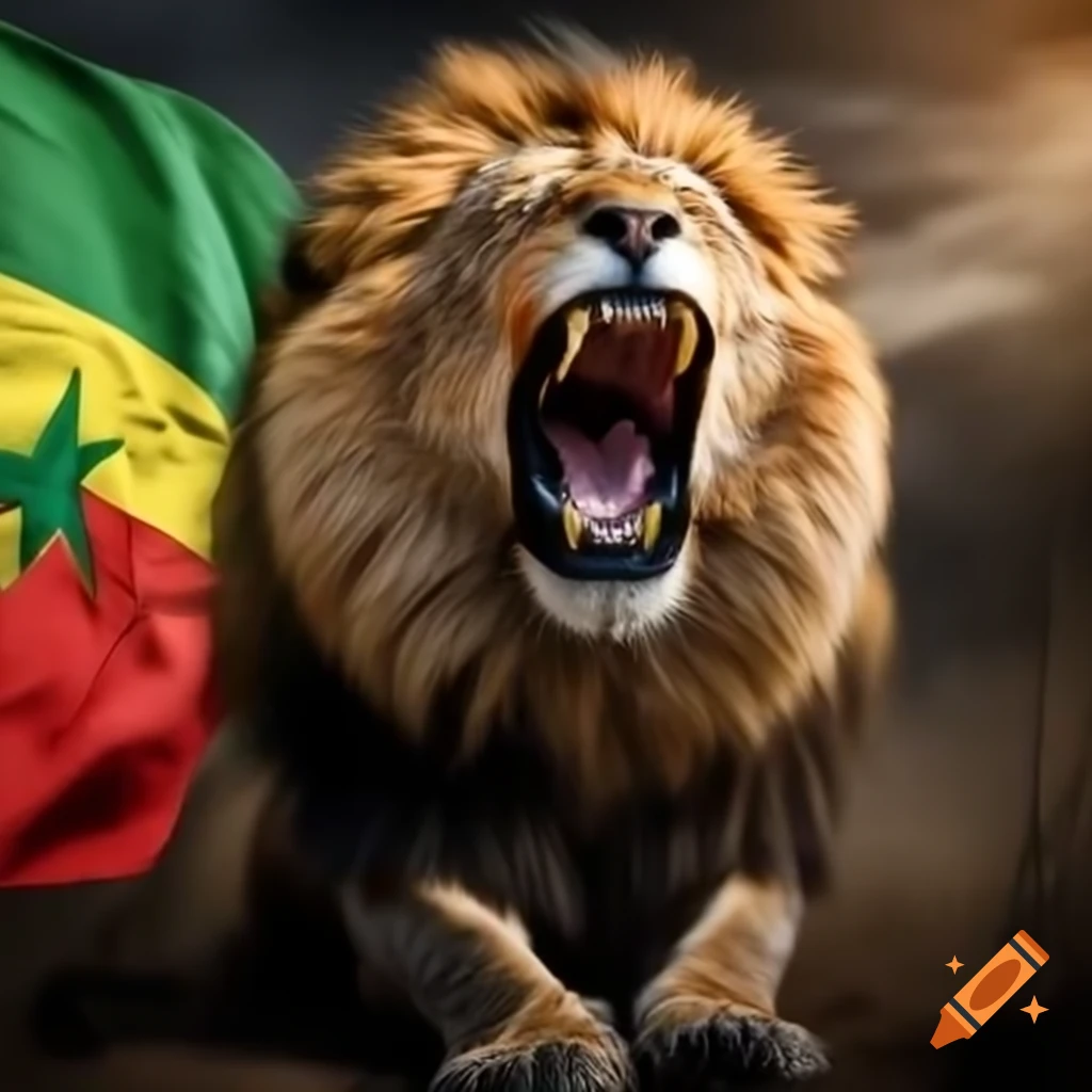 Lion roaring with Senegalese flag in its mouth captured on Fujifilm GFX ...