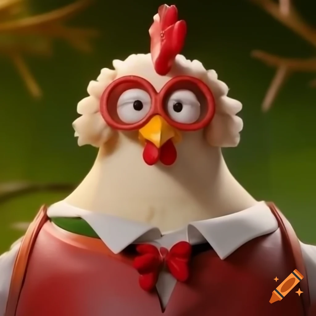 Animated chicken with human woman's perm saying 'kacow' in Pixar style ...