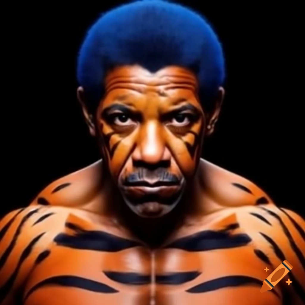 Muscular man with tiger-style makeup featuring blue hair and orange ...