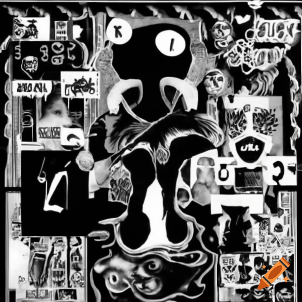 Black and white dadaist collage with surreal human figure and abstract ...