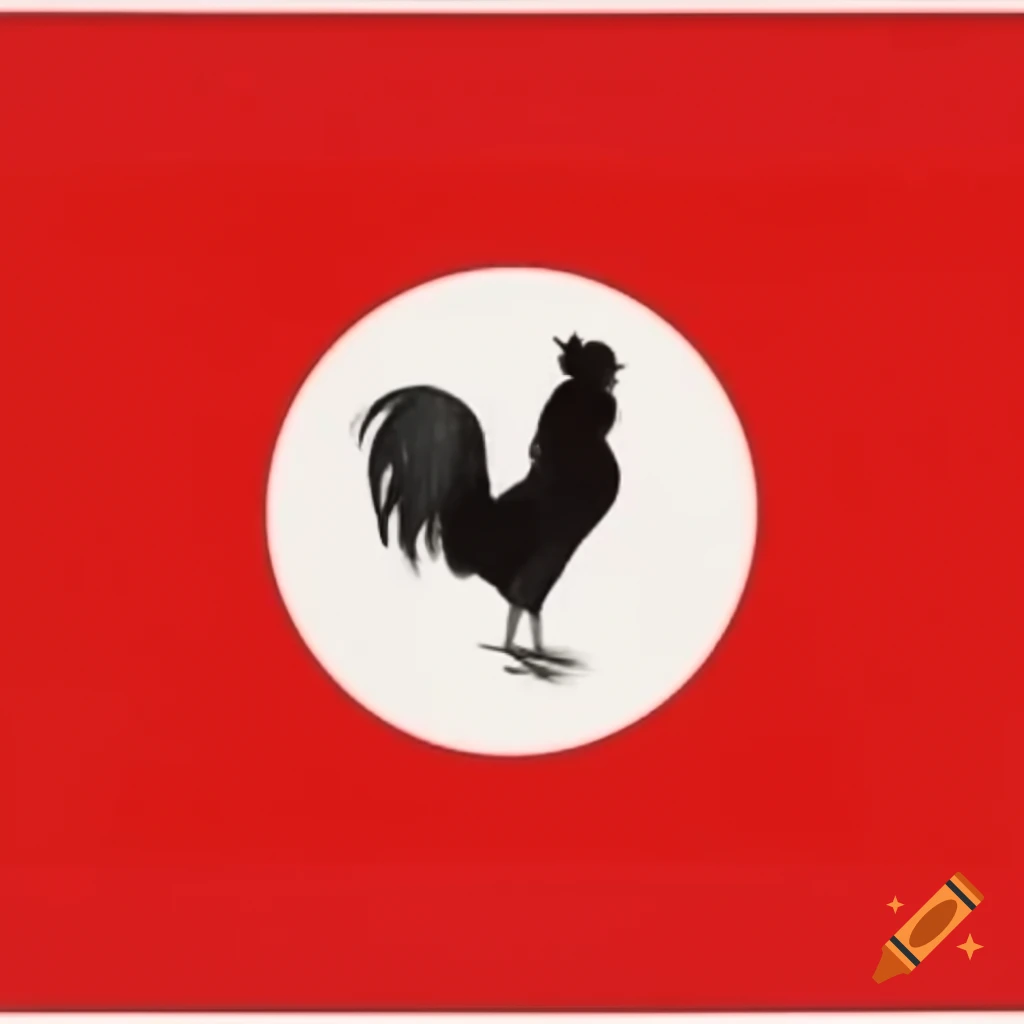 Red flag with white circle featuring a solid black rooster on Craiyon