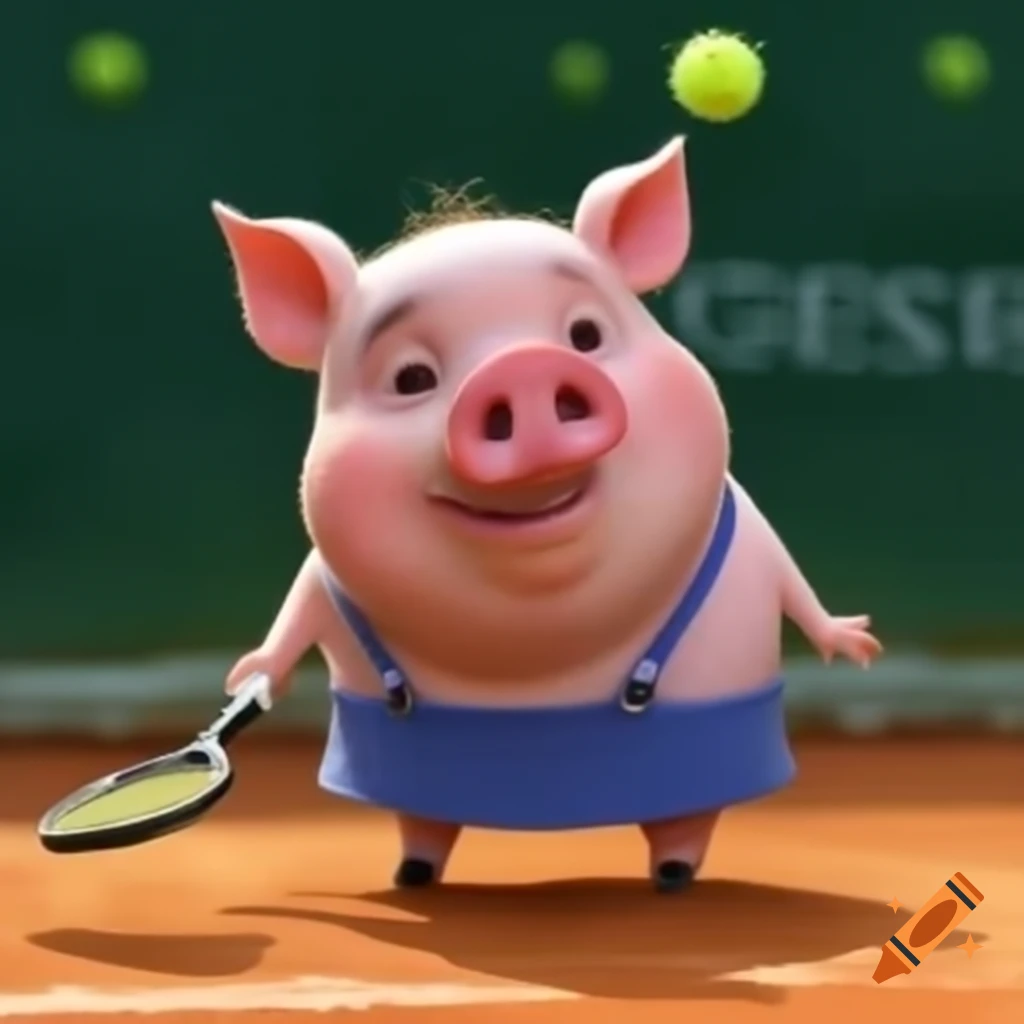 Pig playing tennis on a court on Craiyon