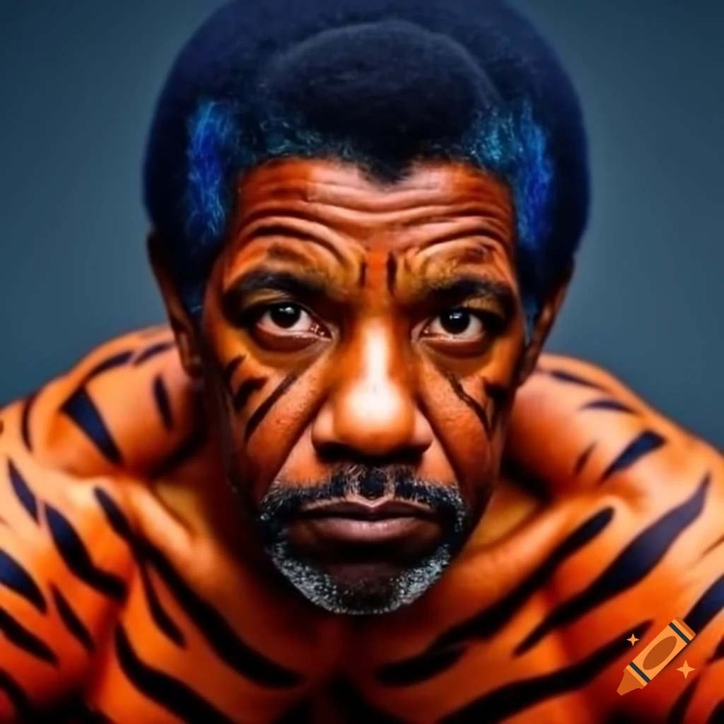 Muscular man with tiger-style makeup, blue hair, and orange skin on Craiyon