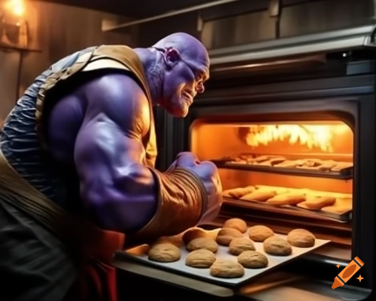 Thanos removing cookies from oven, whimsical scene on Craiyon