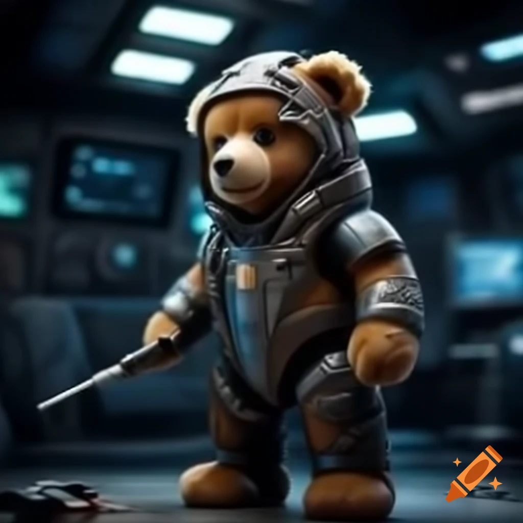 Realistic teddy bear in futuristic suit with screwdriver, spaceship ...
