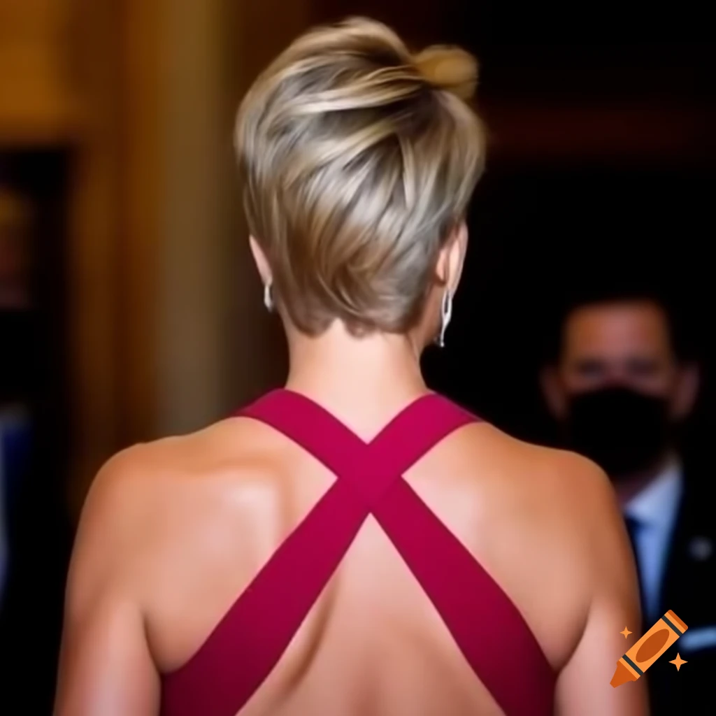Queen Maxima showcasing a bold short pixie cut with clippered back and sides on Craiyon