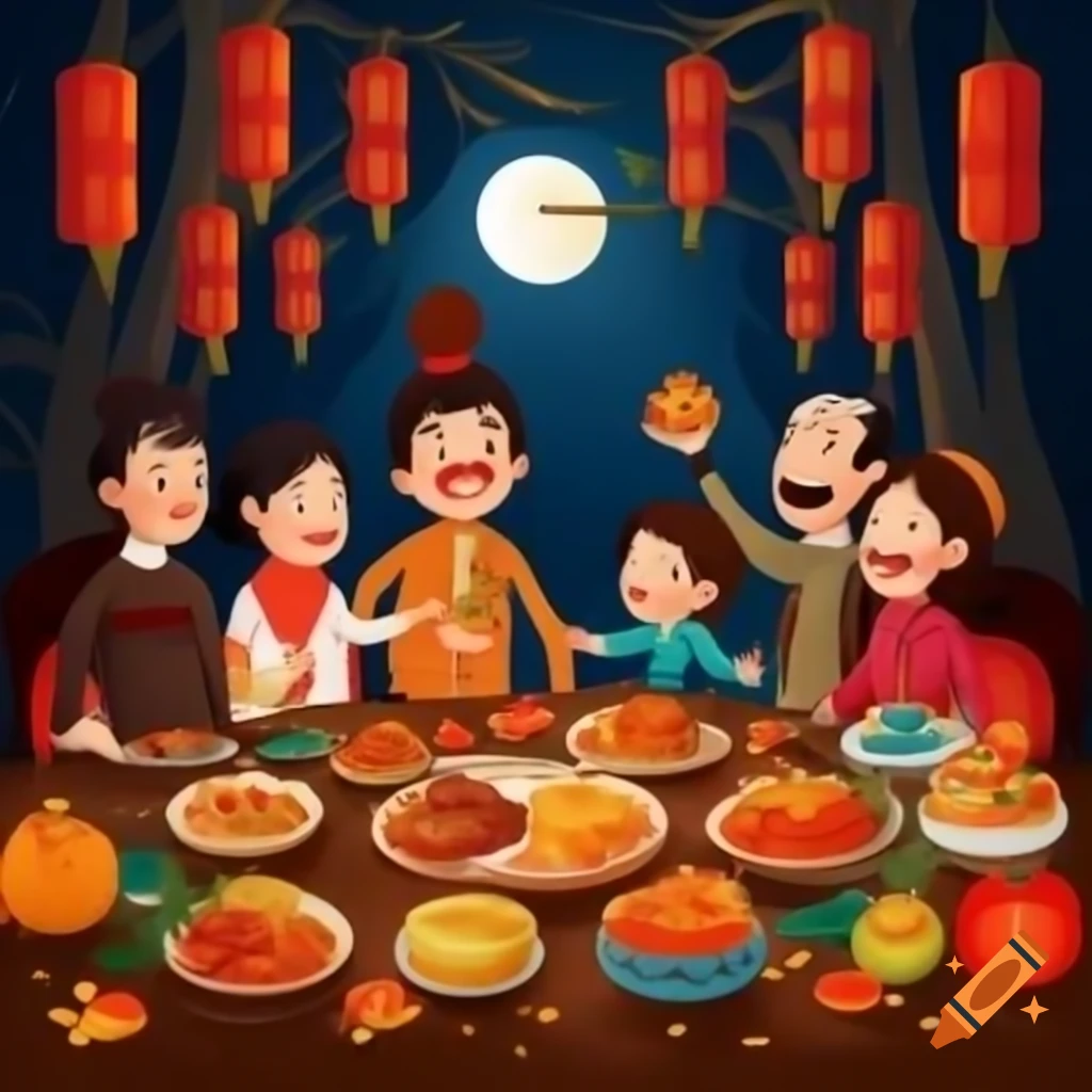 Mid-autumn festival celebration with three generations sharing dinner ...