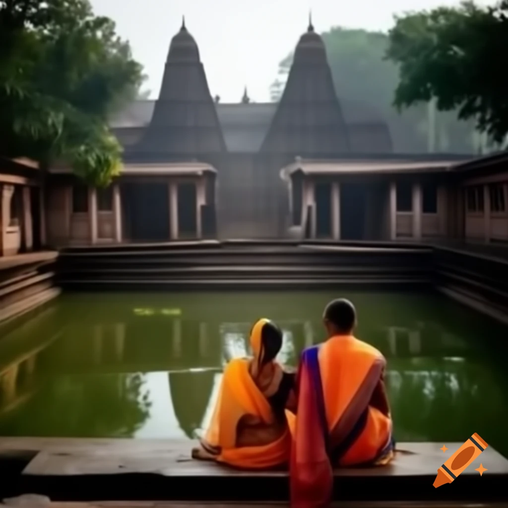 Couple at temple pond steps with woman in saree resting on husband's ...