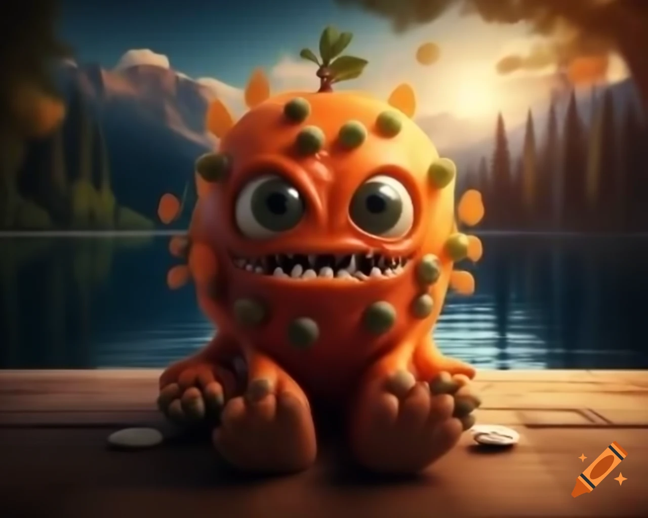 3d fruit tree monster with human face made of lemon on wooden table in ...