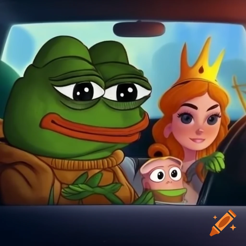 Pepe frog with Athena and baby in a car on Craiyon