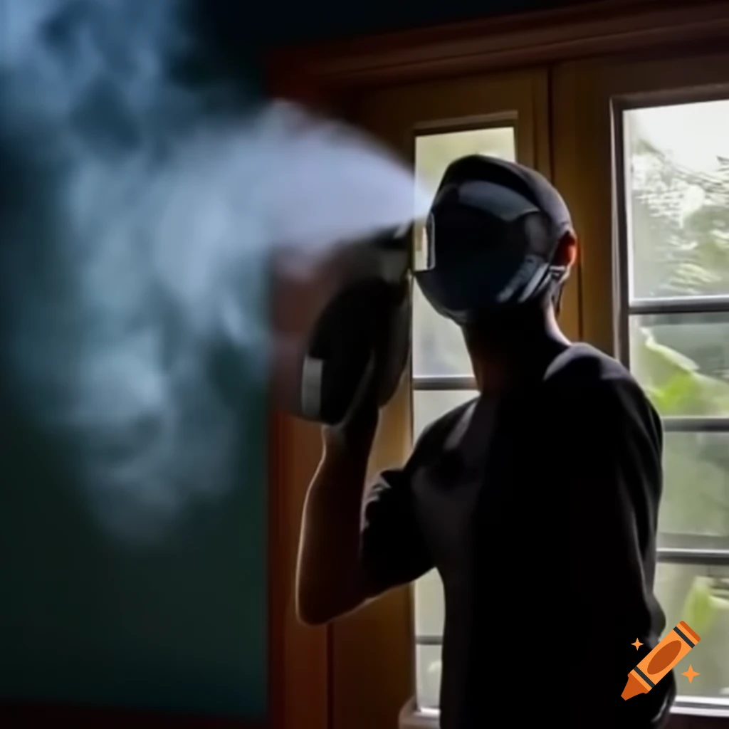 Person in black clothes and mask spraying mist inside a house on Craiyon