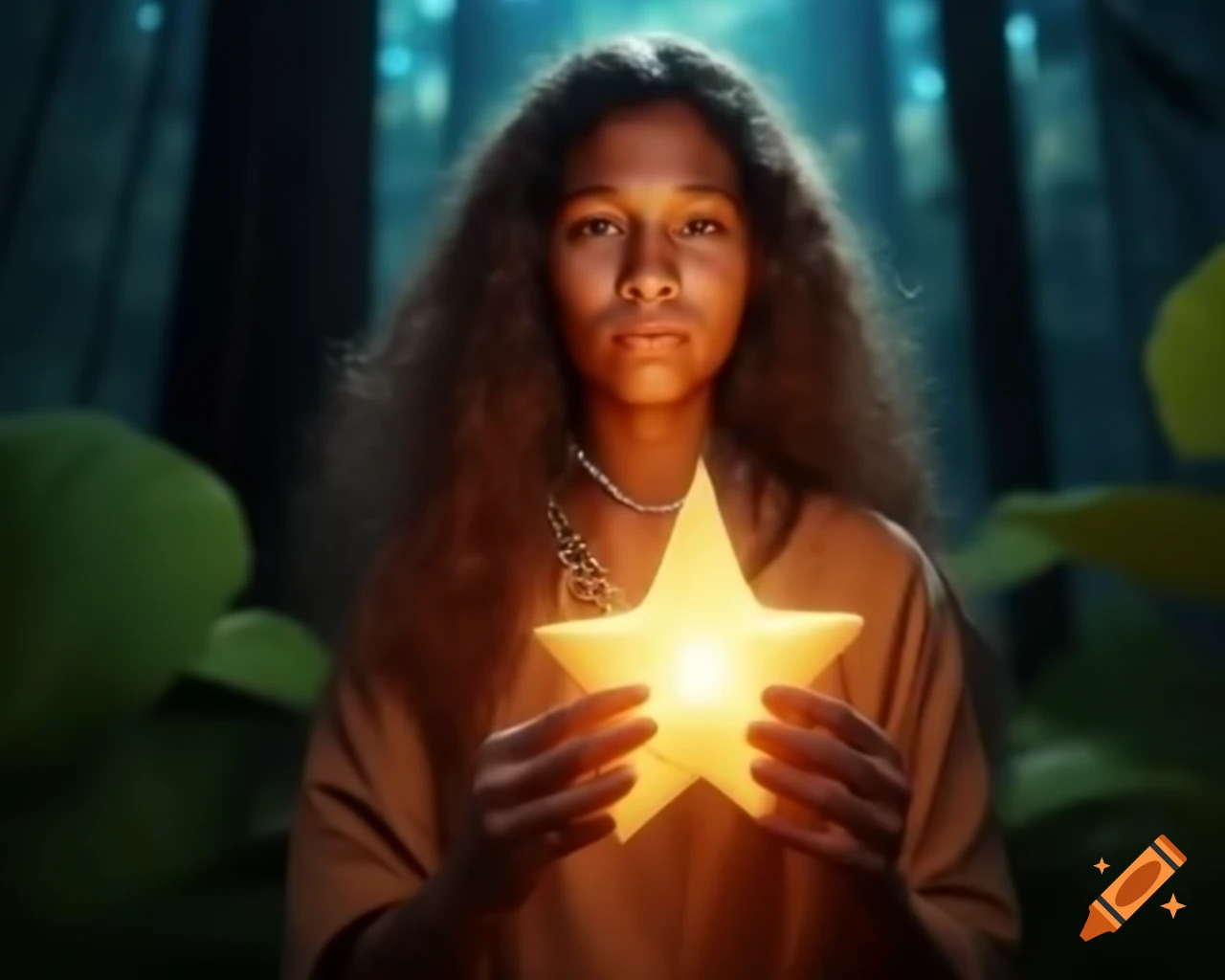 Indigenous woman holding bright star in dreamscape forest on Craiyon
