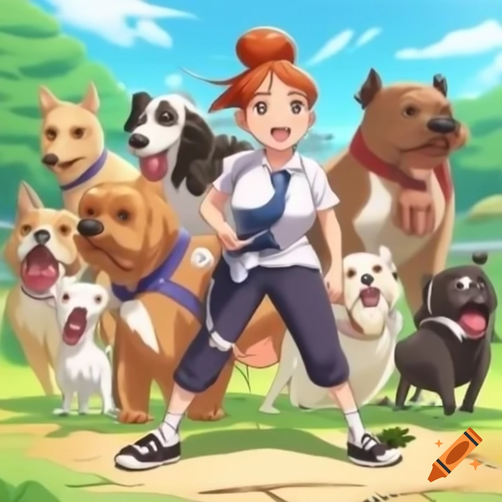 Confident female dog trainer surrounded by smiling dogs on Craiyon