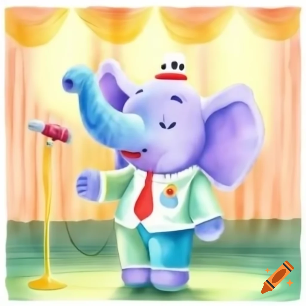 Vintage cartoon elephant in gala suit singing on stage with microphone ...
