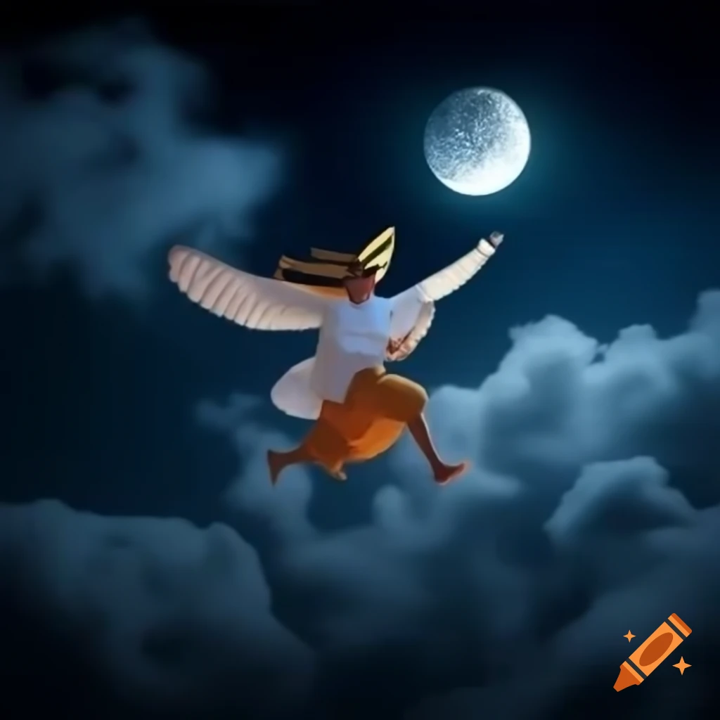 Indian man flying in sky with red moon and deep space background on Craiyon