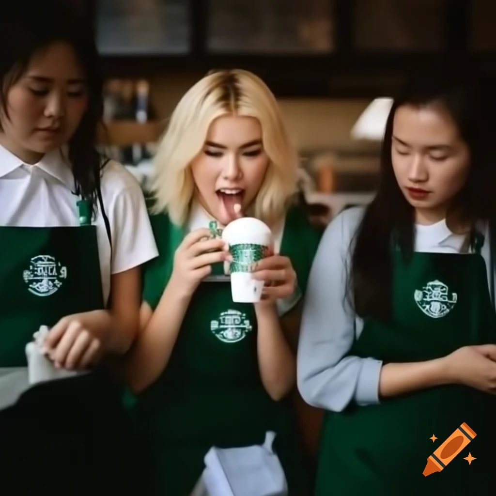 Blonde woman enjoying coffee at starbucks with her sister in the morning on Craiyon